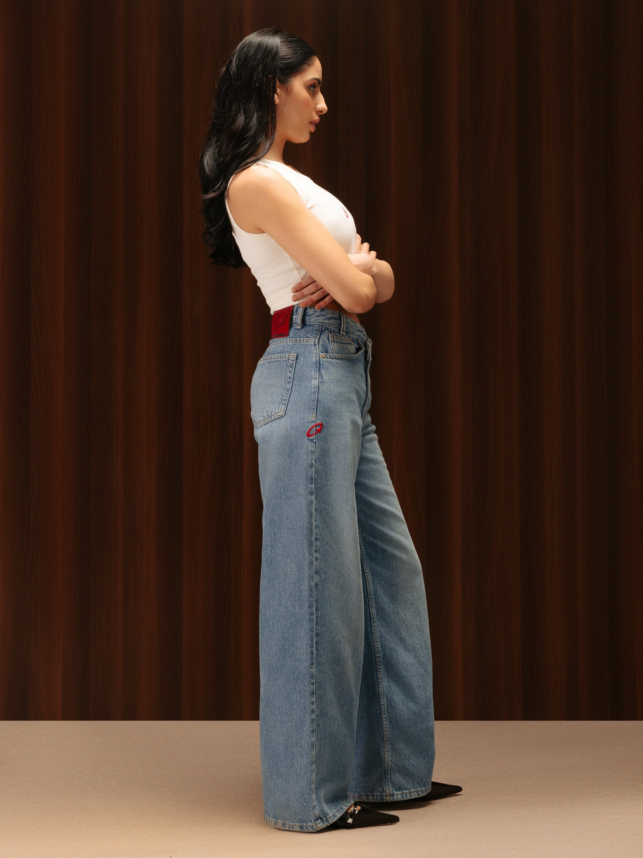 Wide Leg Cross-over Waist Jeans Mid Blue – Lovegen